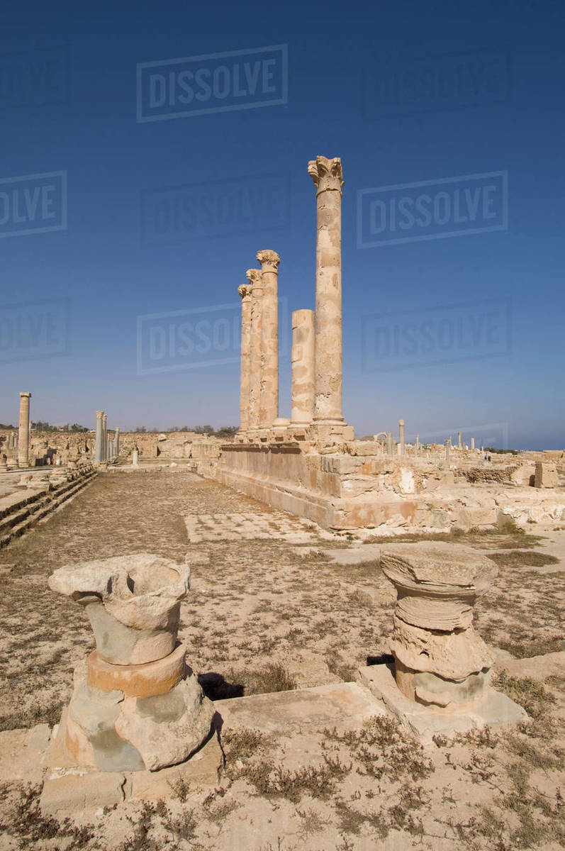Ruins of buildings in an ancient Roman city, Sabratha, Tripolitania ...
