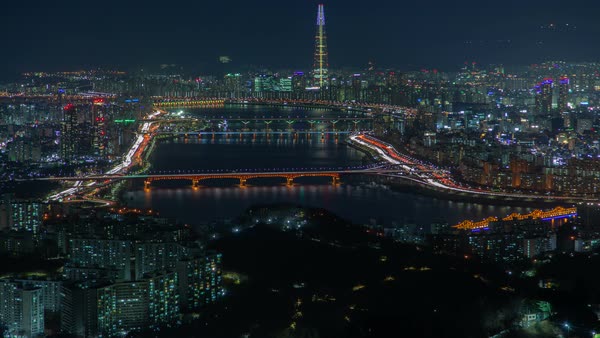 Illuminated Bridge and Big Lotte Seoul Tower Korea - 4K Royalty-free ...
