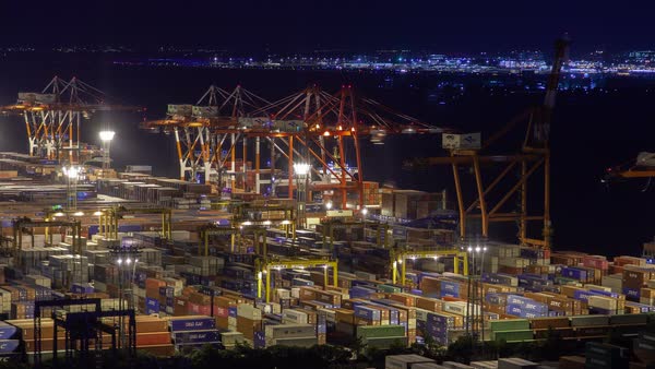 Timelapse modern container terminal with various operating cranes in ...