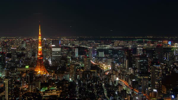 Timelapse Tokyo city with bright illumination and yellow coloured TV ...