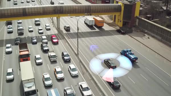 High Speed Aerial Shooting Black Autonomous Self Driving Car Moving on ...