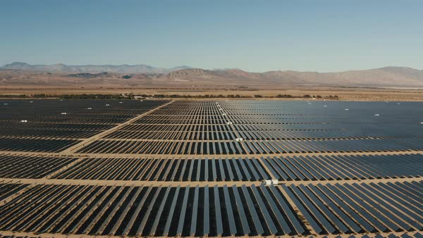 Aerial shot of solar farm on desert landscape, Mojave, California ...