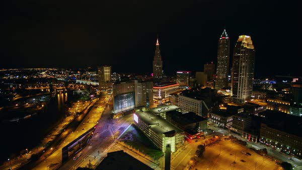Cleveland Ohio Aerial - Downtown cityscape views panning from near ...