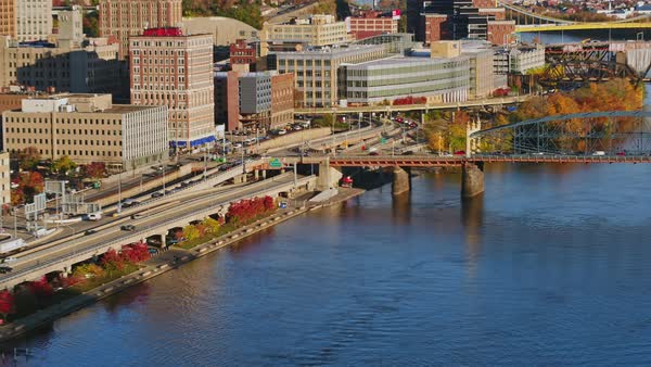 Pittsburgh Pennsylvania Aerial - Downtown riverside bridge detail ...
