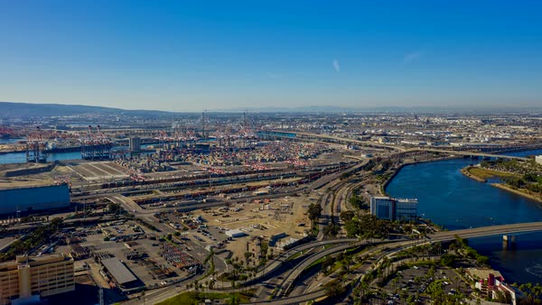 Shipyard Aerial Hyperlapse flying over Long Beach Shipyard Industrial ...