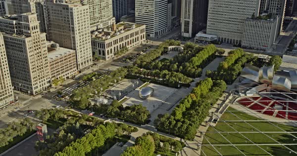 Chicago Illinois Aerial birds eye reveal from the parks downtown to ...