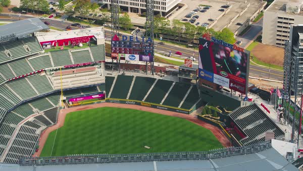 Atlanta - Birdseye closeup flying around baseball stadium before game ...