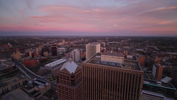 Rochester New York Aerial - High to low panning view of downtown ...