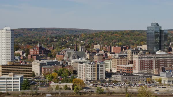 Worcester Massachusetts Aerial - Panning around downtown cityscape with ...