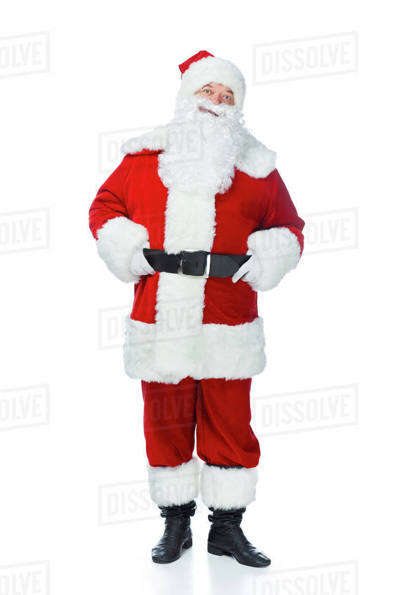 bearded santa claus posing in red costume isolated on white - Stock ...