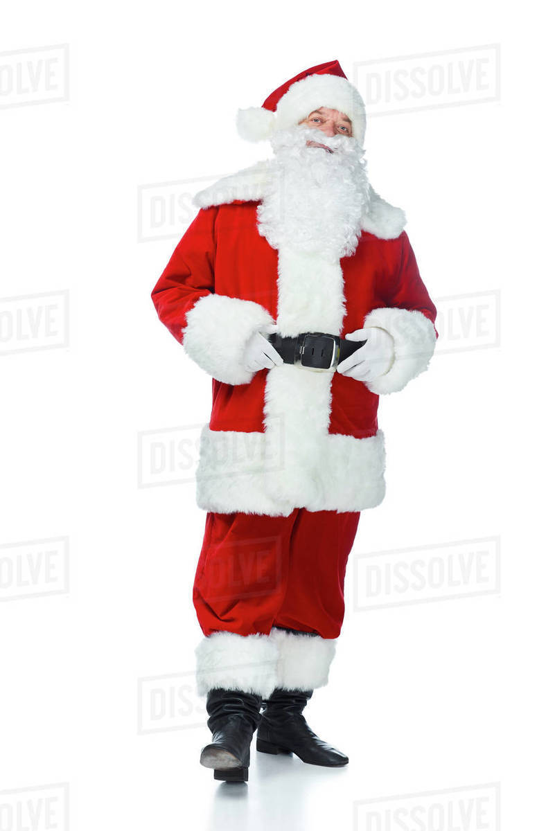 happy santa claus posing in red costume isolated on white - Royalty ...