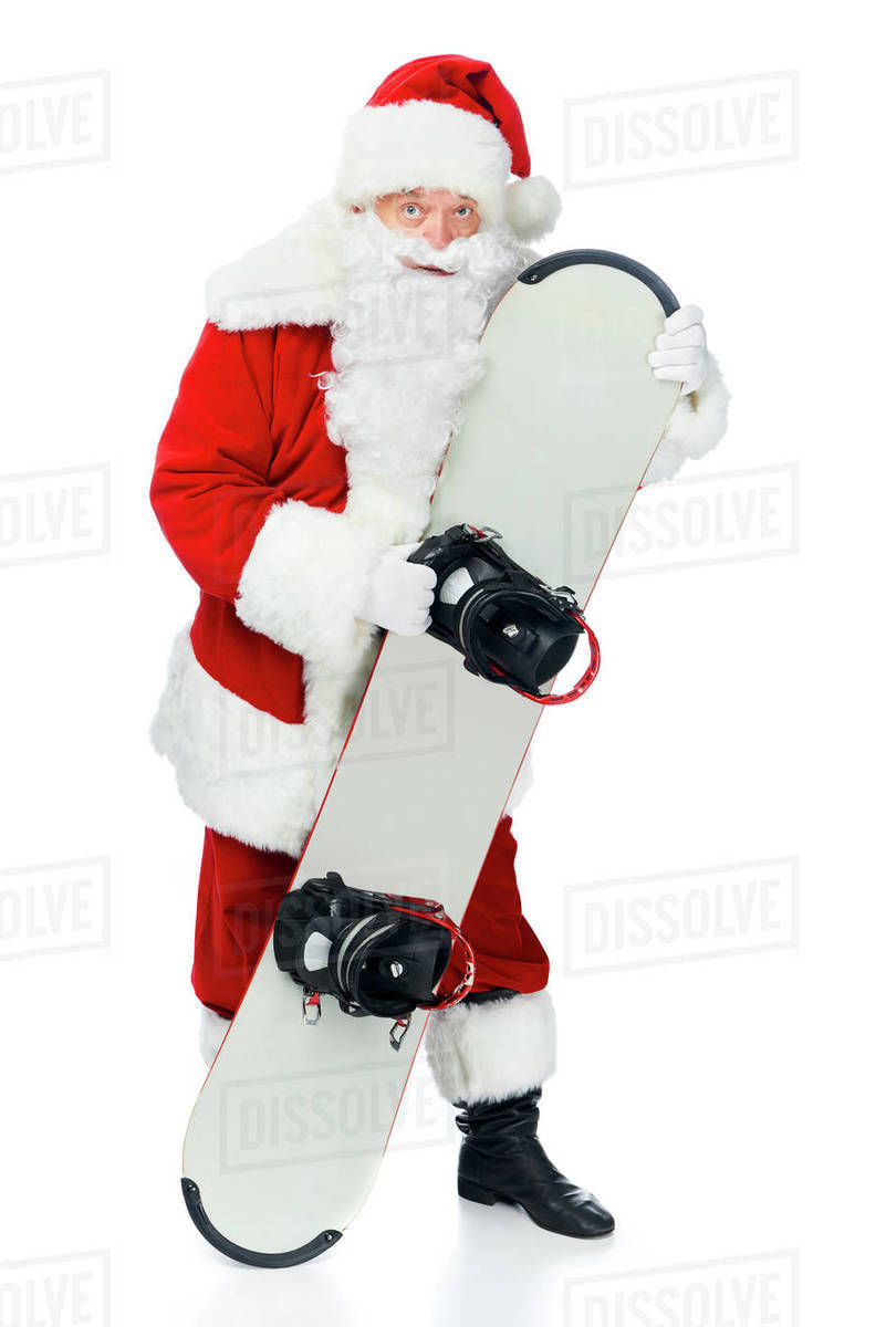Santa claus standing with snowboard isolated on white - Royalty-free ...