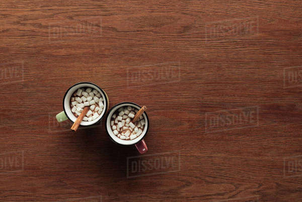 Top view of mugs with delicious hot chocolate, marshmallows and ...