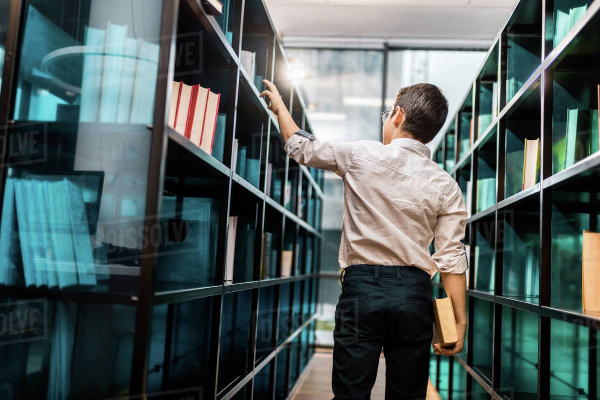 Back view of boy holding book and looking at bookshelves in library ...