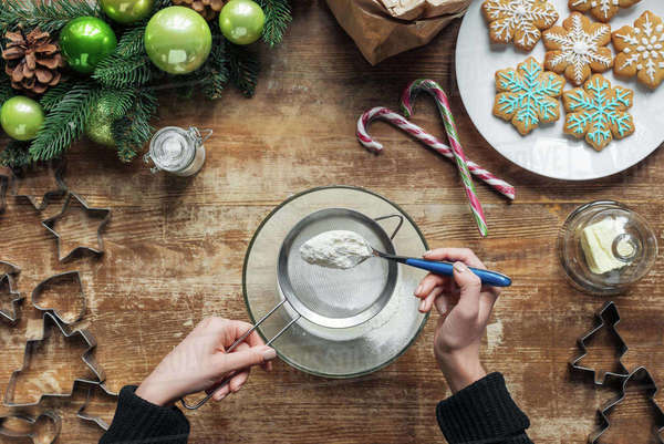 Cropped shot of woman making dough for Christmas cookies bakery on ...