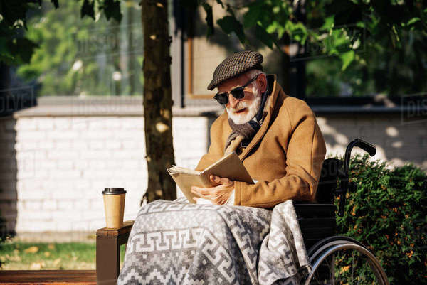 Senior disabled man in wheelchair with pallid reading book on street ...