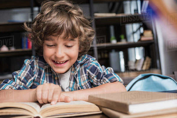 Smiling little boy reading book while doing homework alone - Royalty ...