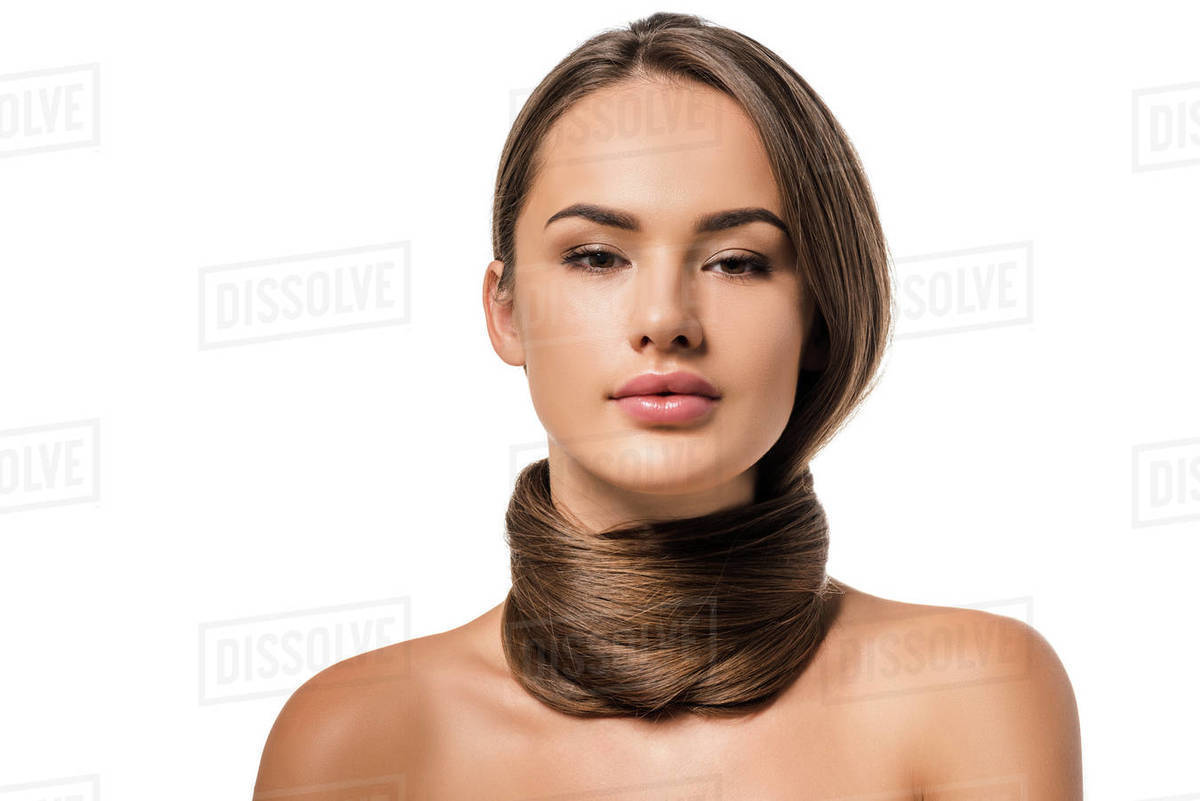 Beautiful girl with long brown hair around neck looking at camera ...