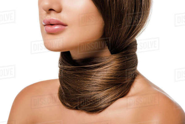 Cropped view of girl with long brown hair around neck isolated on white ...