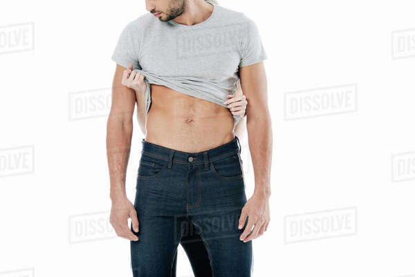 Cropped view of woman taking off t-shirt of man isolated on white ...