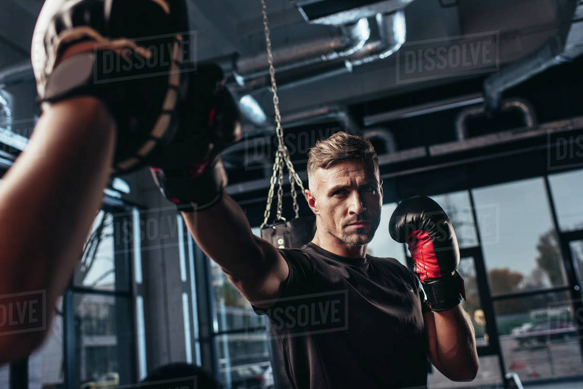 Handsome boxer exercising with trainer in gym - Stock Photo - Dissolve
