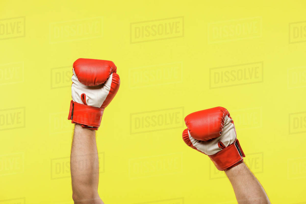 cropped shot of person in boxing gloves isolated on yellow - Royalty ...
