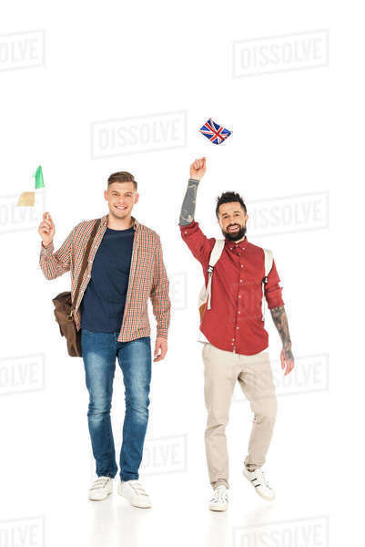 Handsome men holding flags of different countries isolated on white ...