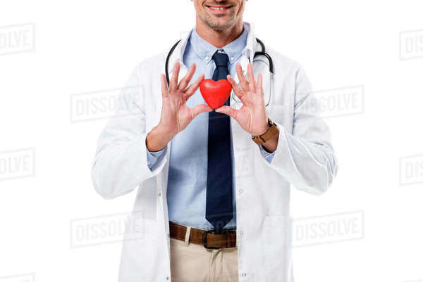 Partial view of smiling doctor in white coat with stethoscope holding ...
