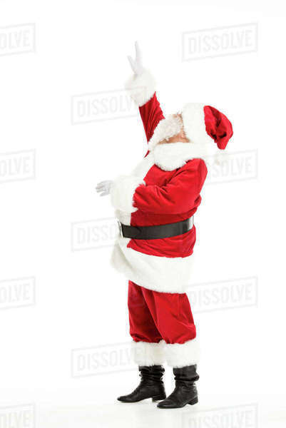 Side view of Santa Claus pointing up by hand isolated on white ...