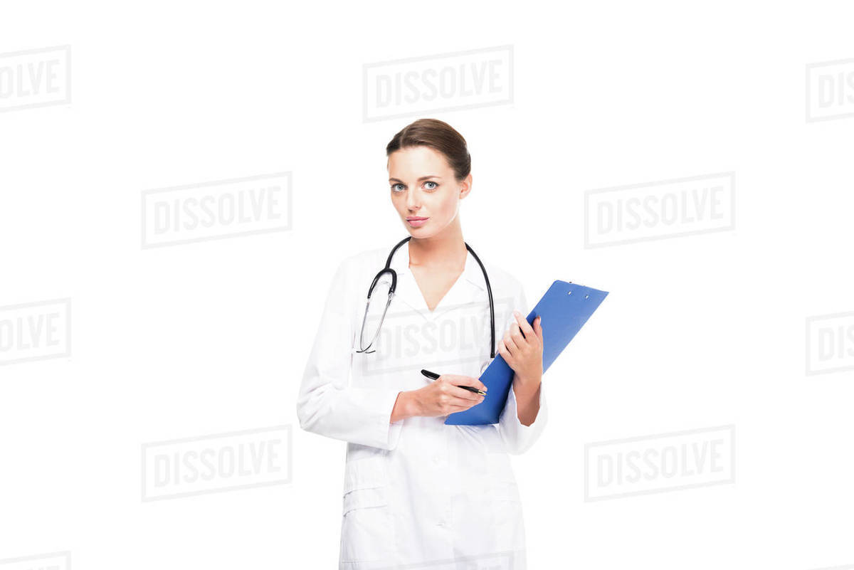 Portrait of professional doctor with stethoscope and folder looking at ...