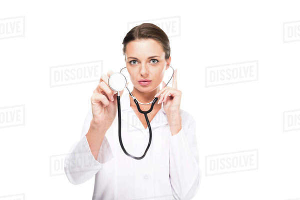 Portrait of doctor in white coat with medical stethoscope isolated on ...