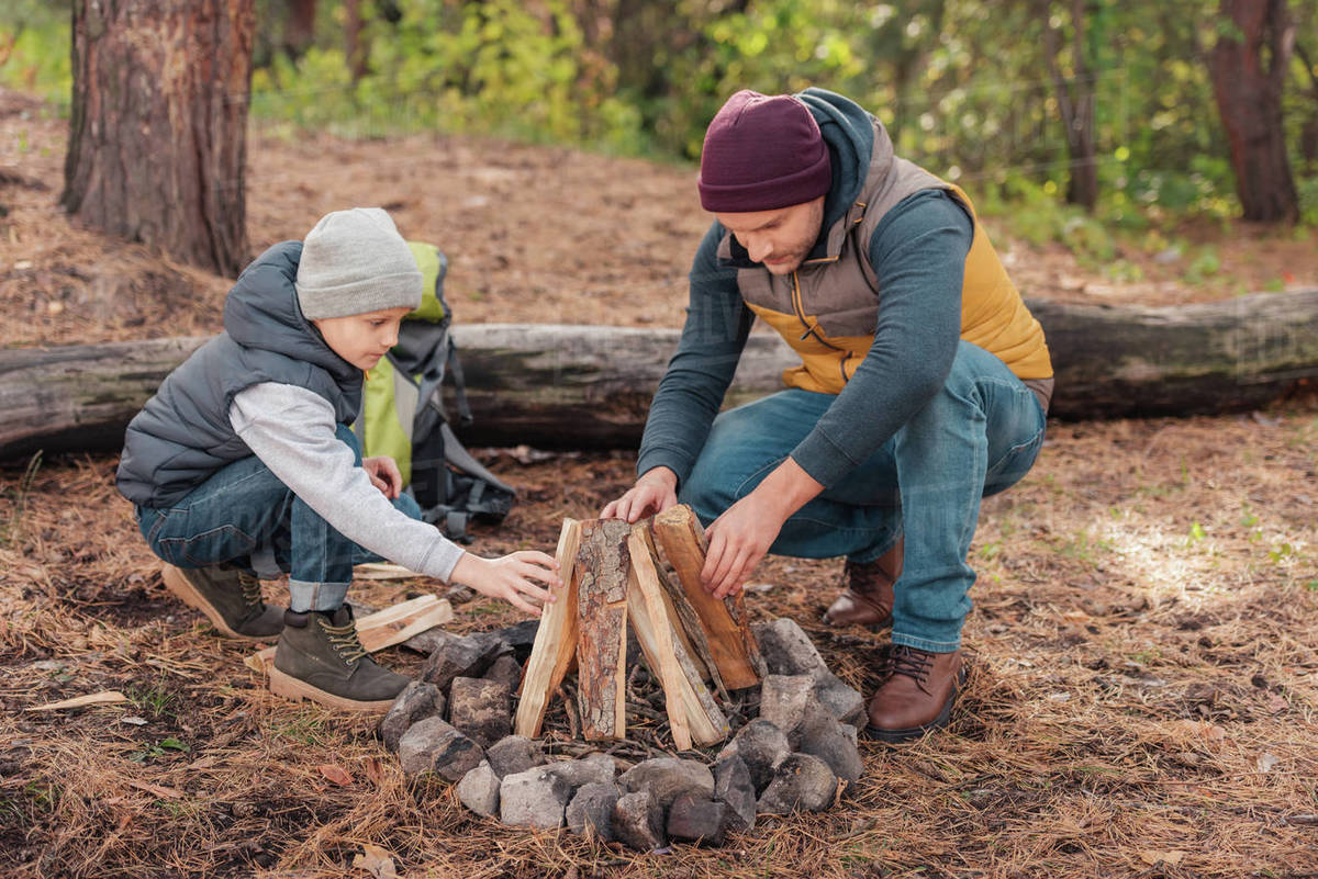 Father and son collecting firewood and kindling bonfire in autumn ...