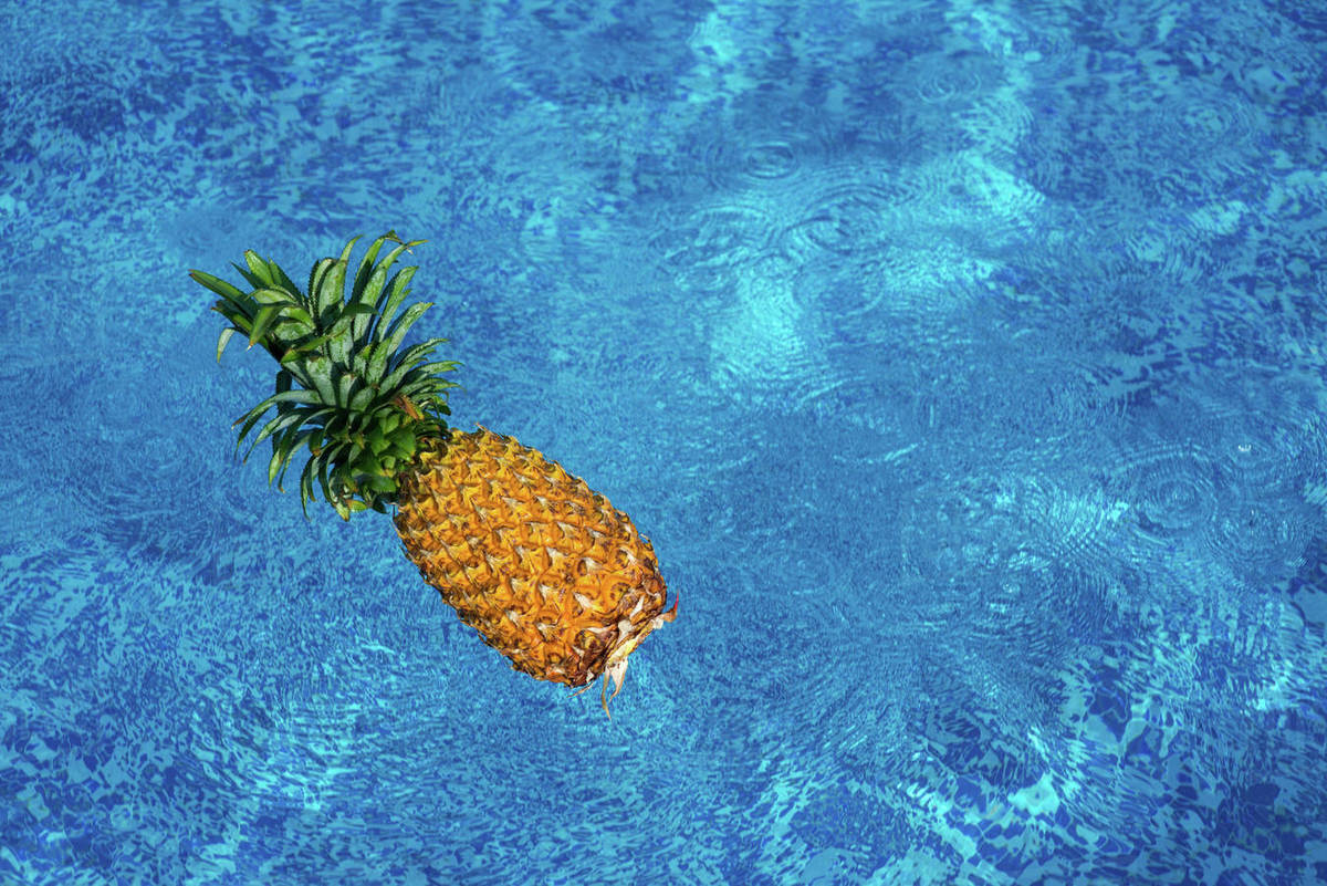Pineapple floating in blue water of swimming pool - Stock Photo - Dissolve