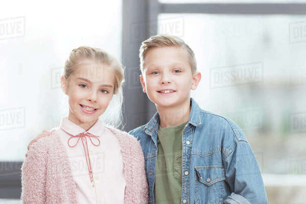 two smiling caucasian kids looking at camera - Royalty-free Stock Photo ...