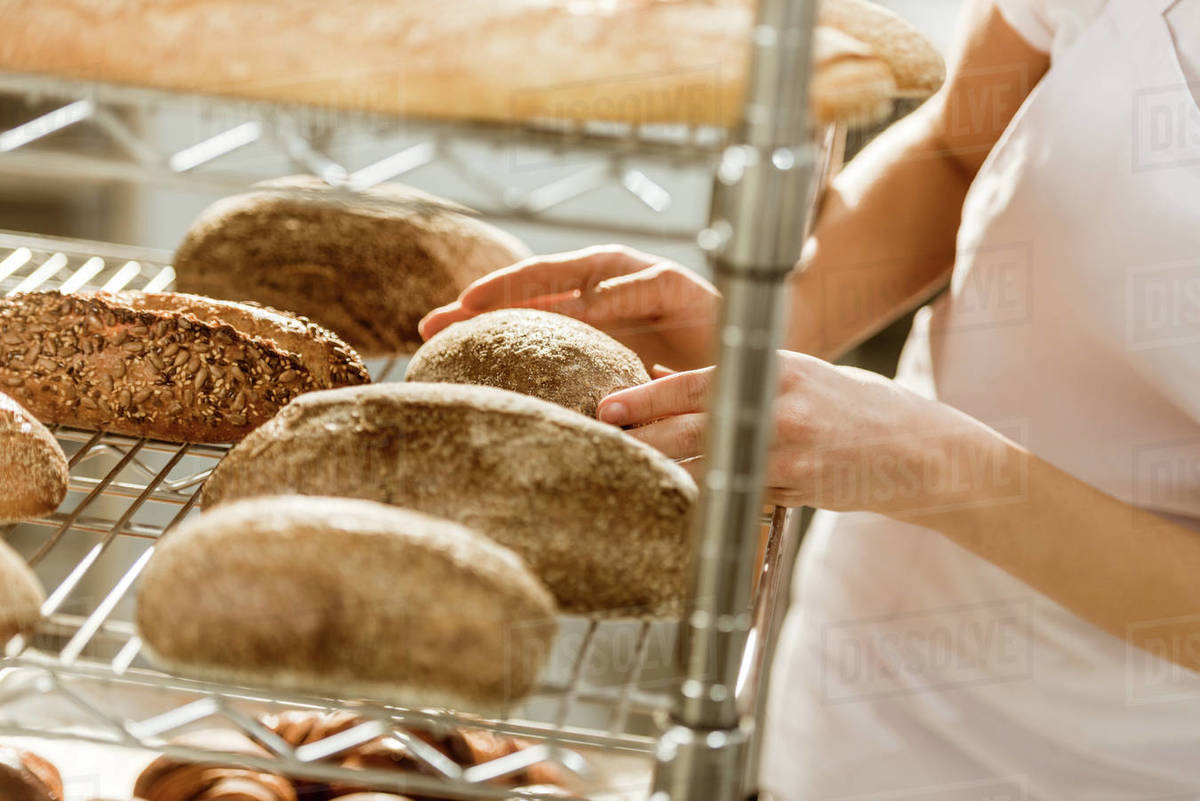 Cropped shot of female baker doing examination of freshly baked bread ...