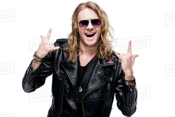 Portrait of handsome rocker in black leather jacket and sunglasses ...