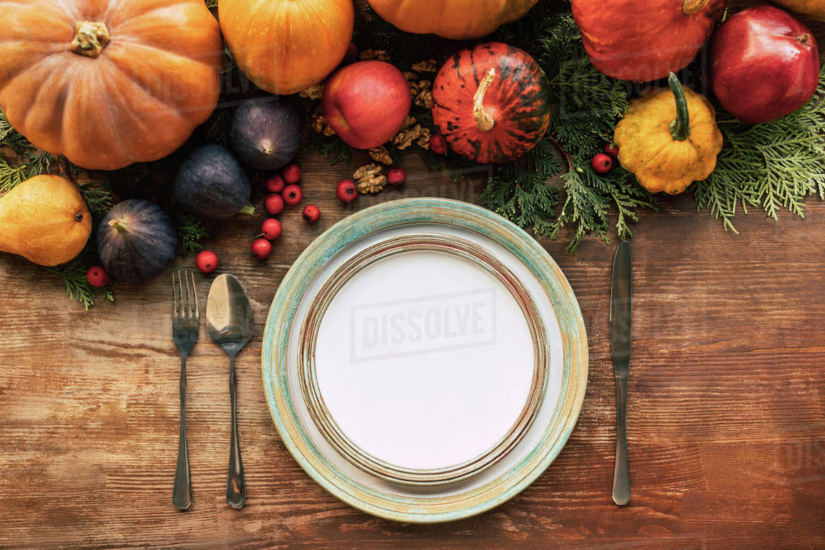 Top view of table setting with beautiful various fruits and vegetables ...