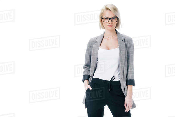 Beautiful elegant businesswoman posing in formal wear, isolated on ...