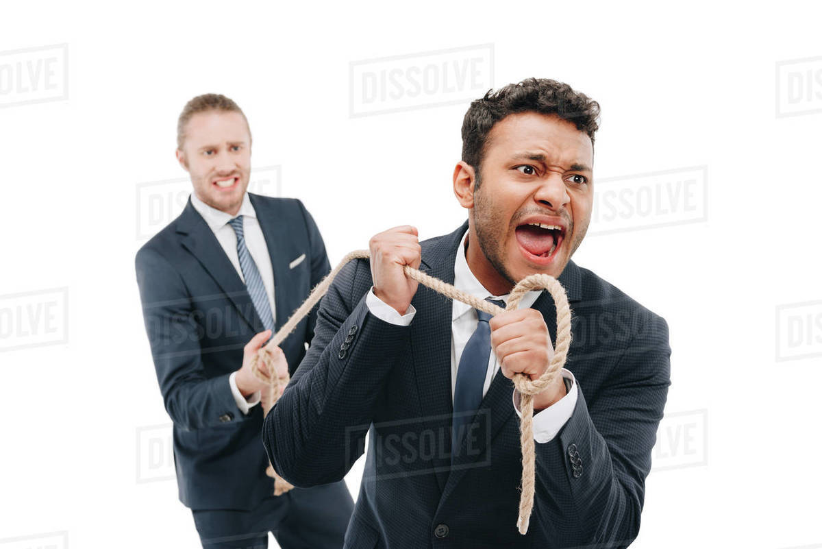 African american businessman in formal wear pulling rope with colleague ...