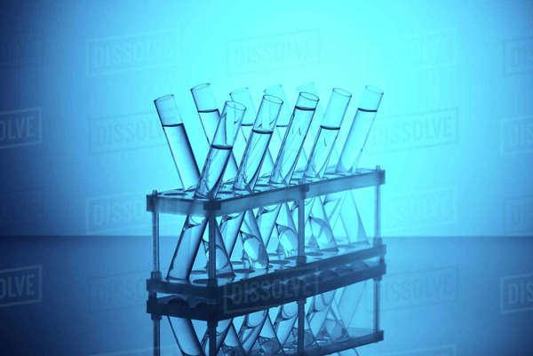 Glass tubes with liquid on stand in chemical laboratory on blue ...