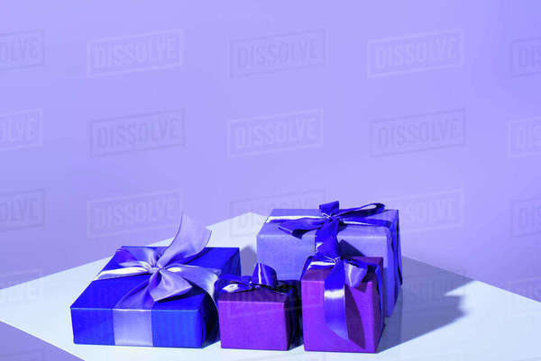 Purple and violet gift boxes with bows, ultra violet trend - Royalty ...