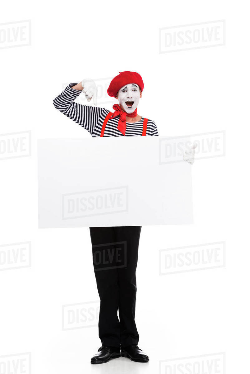 Happy mime pointing on empty board isolated on white - Royalty-free ...