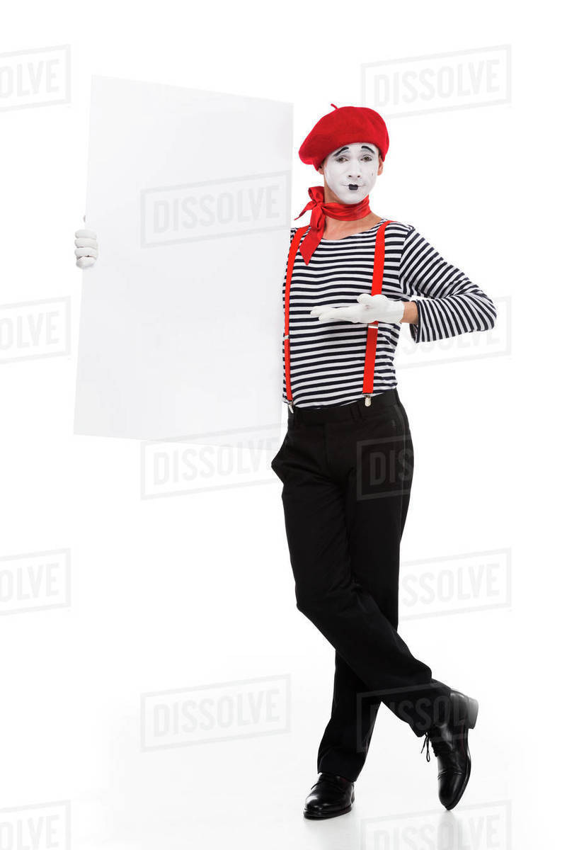 Mime showing empty board isolated on white - Stock Photo - Dissolve
