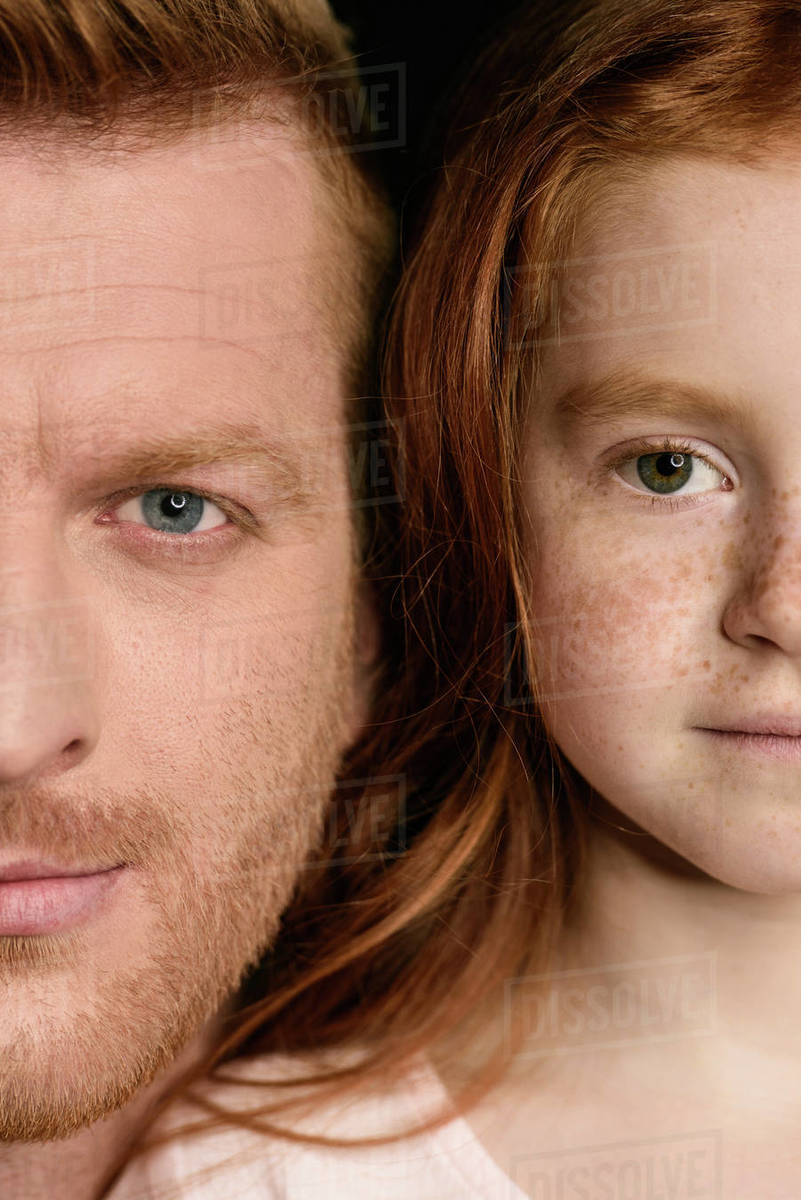 Cropped shot of beautiful redhead father and daughter looking at camera ...