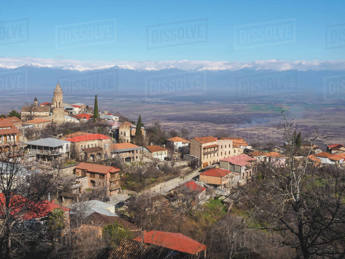 Aerial view of village and beautiful mountains in signagi, Georgia ...