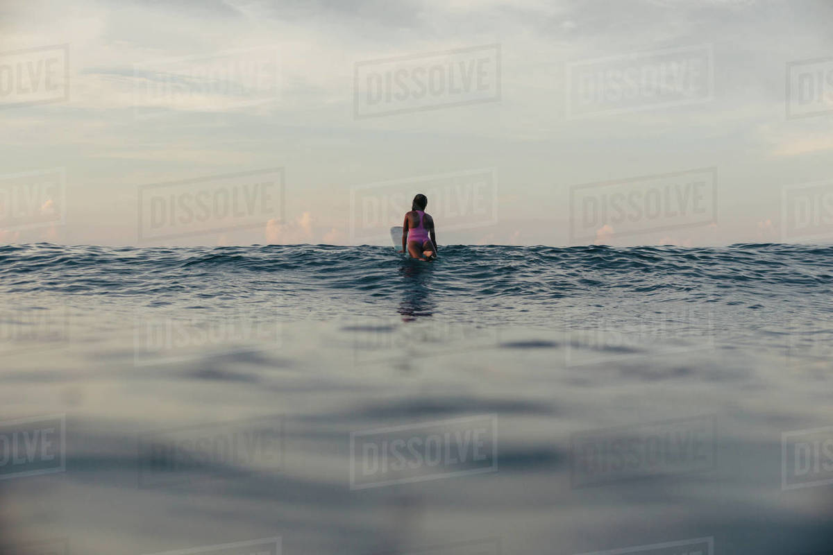 Back view of surfer on surfboard in ocean at sunset - Royalty-free ...