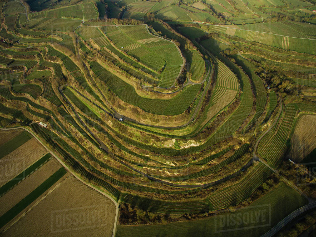 Aerial view of magnificent landscape with fields on tiers, Germany ...