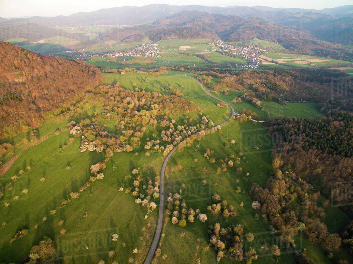 Aerial view of landscape with green hills, trees and road, Germany ...