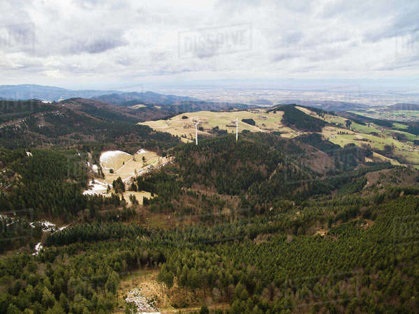 Aerial view of magnificent landscape with hills and forest, Germany ...