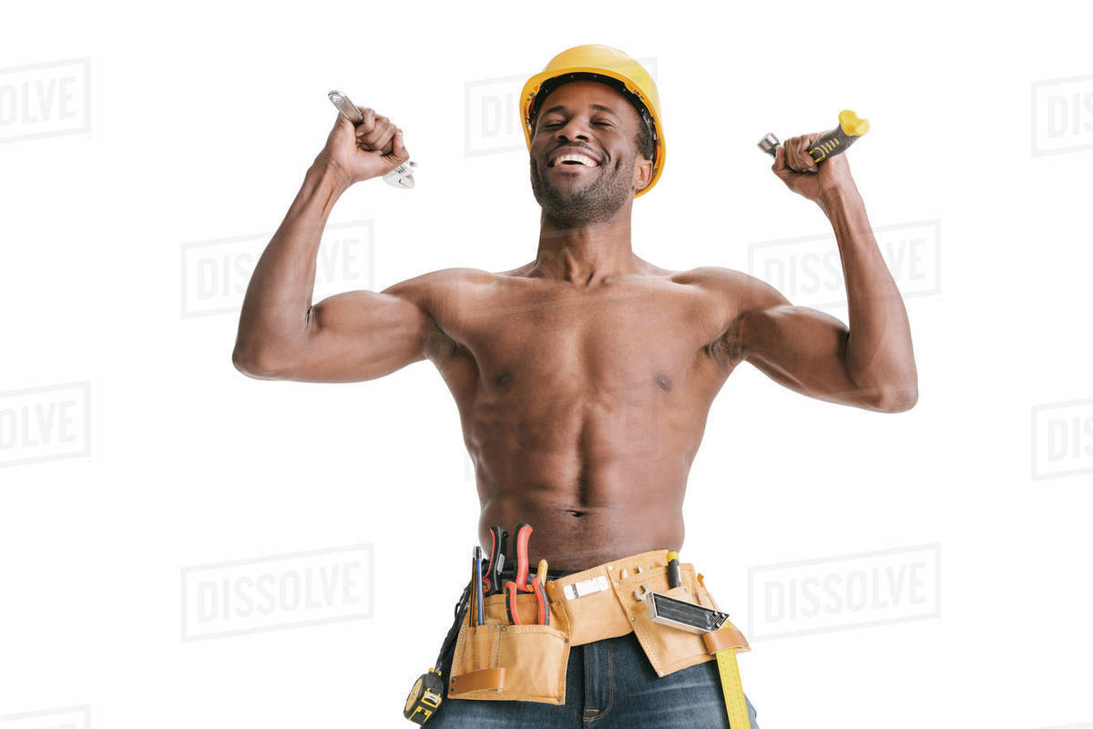 Shirtless handsome afro builder with tool belt celebrating victory ...